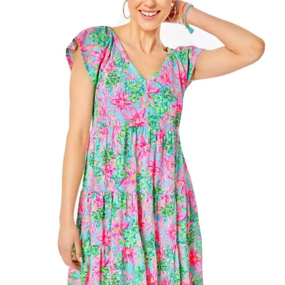 Lilly Pulitzer | Dresses | Lilly Pulitzer Kawai Flutter Sleeve Tiered Women Dress Size M V Neck ...